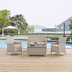Modway Bridge Wicker Rattan 4-Piece Outdoor Patio Furniture Set in Light Gray Beige