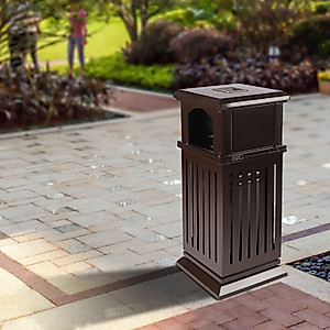 DYRABREST 10 Gallon Outdoor Trash Can Brown Commercial Garbage with Locking Lid & Ashtray, Waterproof Garbage Can Heavy Duty Industrial Garage Waste Container for Patio, Backyard, Deck