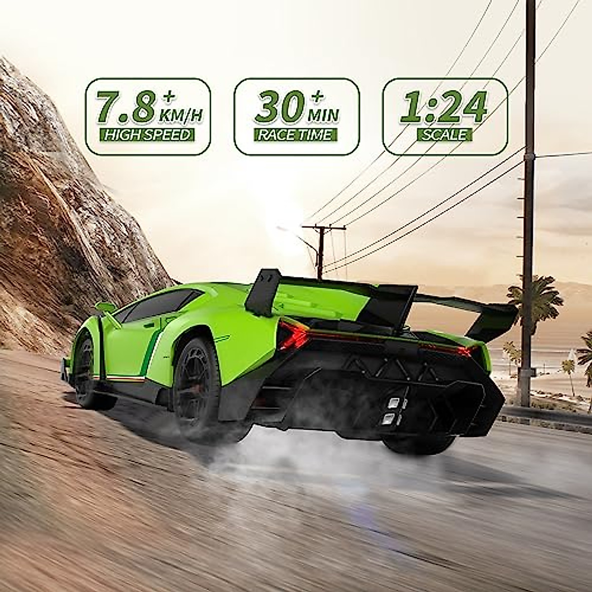 Officially Licensed Lamborghini Remote Control Car, 1:24 Scale Lambo VENENO Model Cars with LED, Lamborghini Toy Car RC Cars Christmas Birthday Gift for Boys Age 3 4-7 8-12 Year Old Kids Toys (Green)