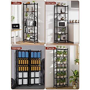 ALANNG 73.6 Inch Folding Bookshelf, 6 Tier Metal Bookcase and Bookshelves, Tall Shelves for Living Room Office Bedroom, Heavy Duty Book Shelve Free Standing Open Bookshelve (Black, 2PACK)