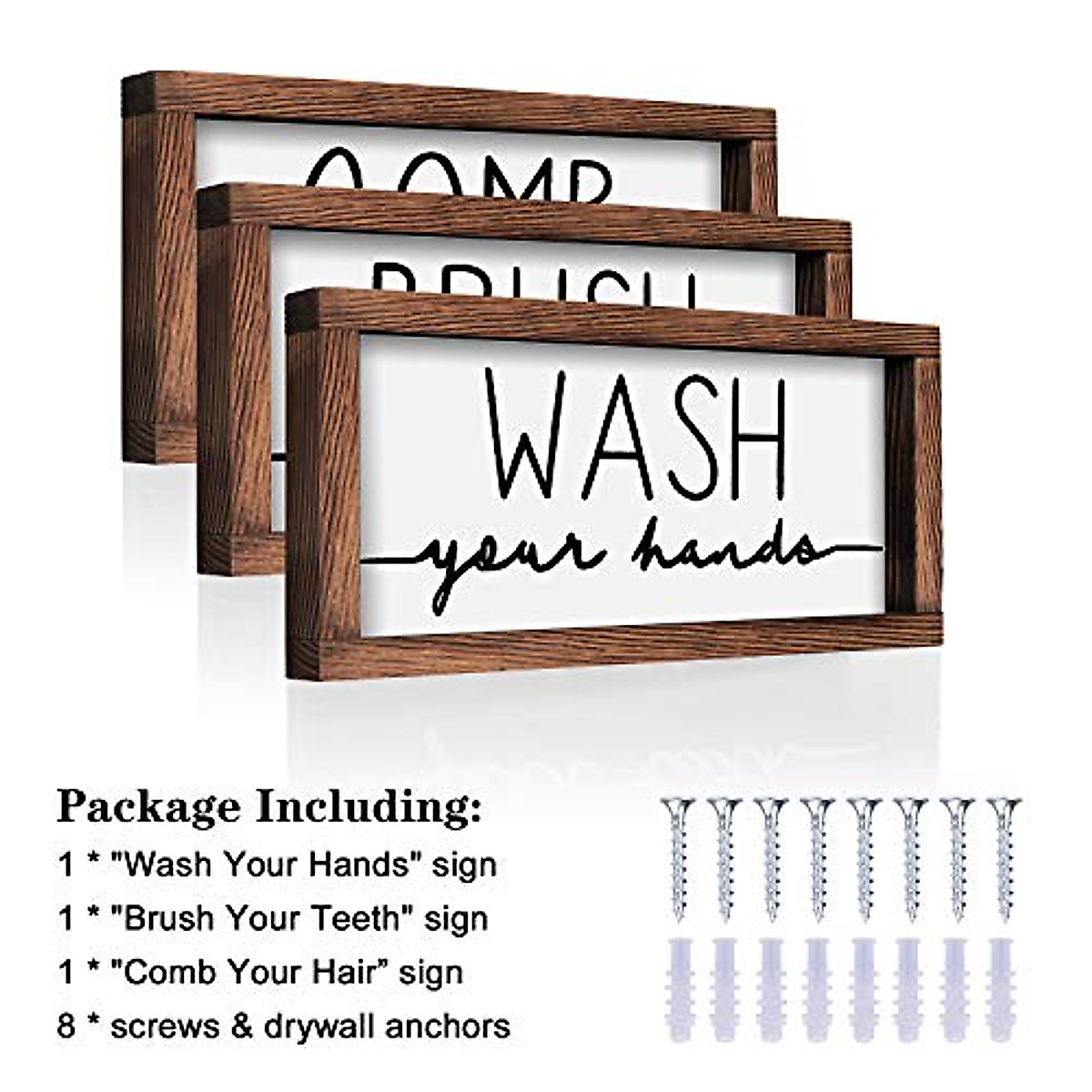 LIBWYS Bathroom Sign & Plaque (Set of 3) Wash Your Hands Brush Your Teeth Comb Your Hair Decorative Rustic Wood Farmhouse Bathroom Wall Decor (White)