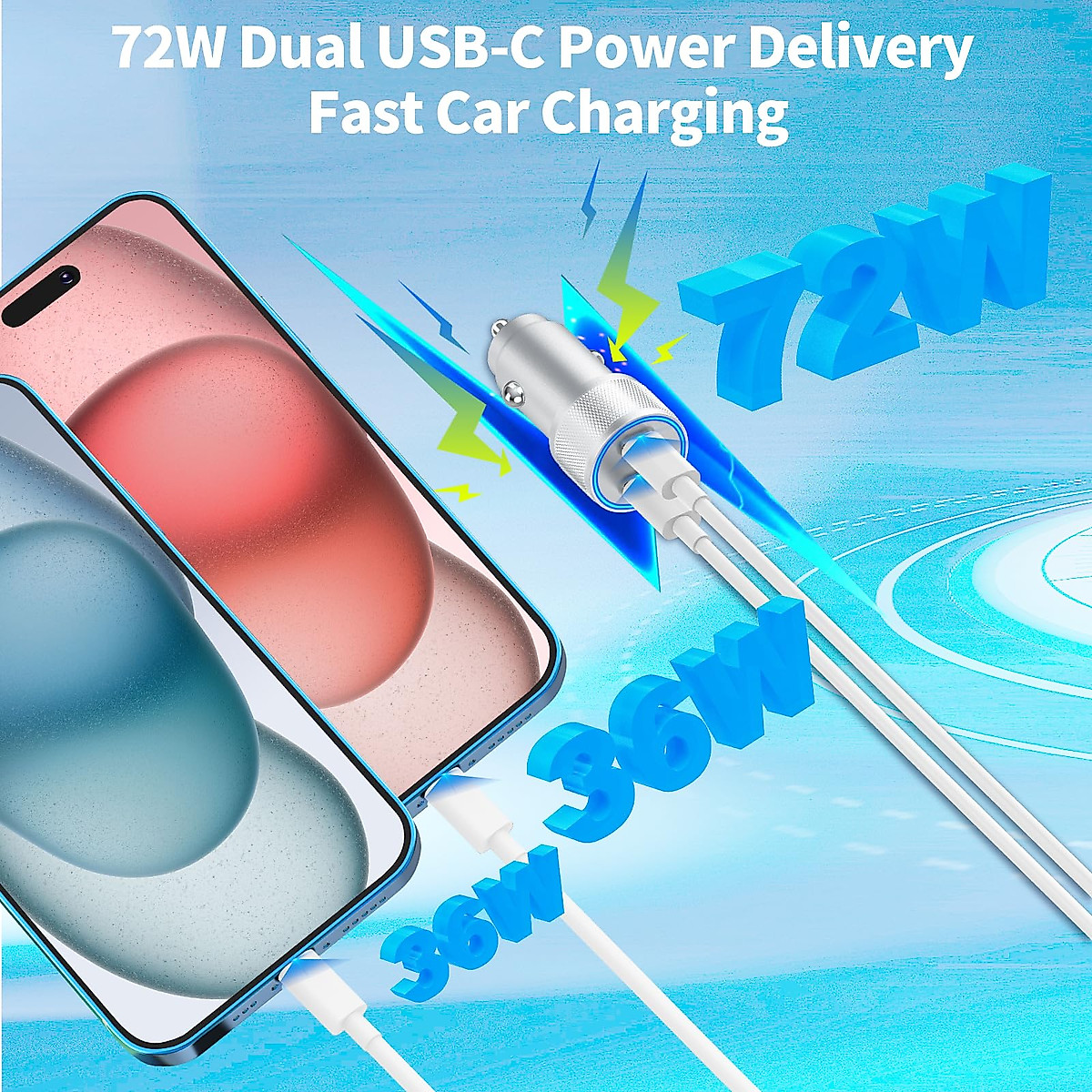 【MFi Certified】iPhone 15 Car Charger Fast Charging, Linocell 72W Dual USB-C Power Cigarette Lighter PD Car Charger Adapter+2Pack Type-C to Type-C Cable for iPhone 15/15 Plus/15 Pro/15 Pro Max/iPad Pro