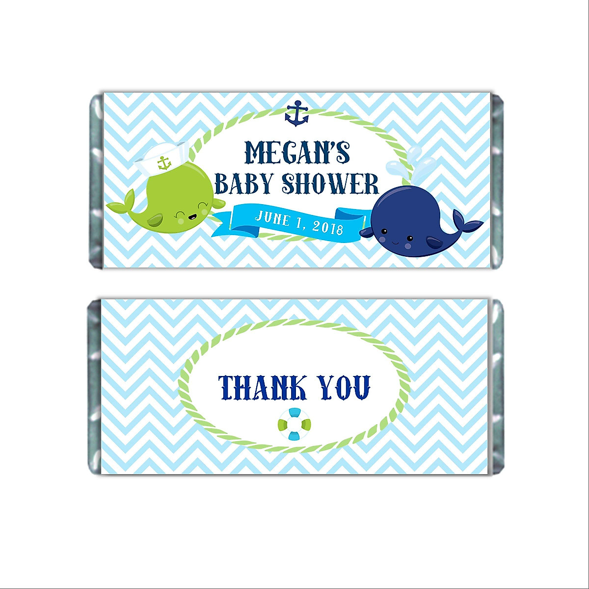 Personalized Candy Wrappers, Whale Baby Shower Favors, Pack of 20 Custom Chocolate Bar Labels