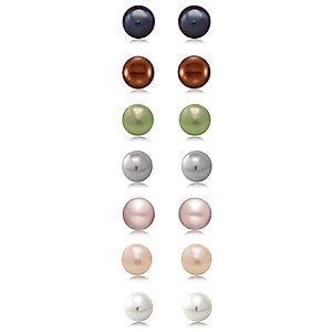 Splendid Pearls Box Set of 7 pairs of 7-8mm Genuine Freshwater Cultured Pearl Stud Earrings in 925 Sterling Silver ✦June Birthstone✦
