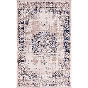Unique Loom Leila Collection Traditional, Distressed, Medallion, Border, High-Low Pile, Vintage Area Rug, 3' 3" x 5' 3", Tan/Navy Blue