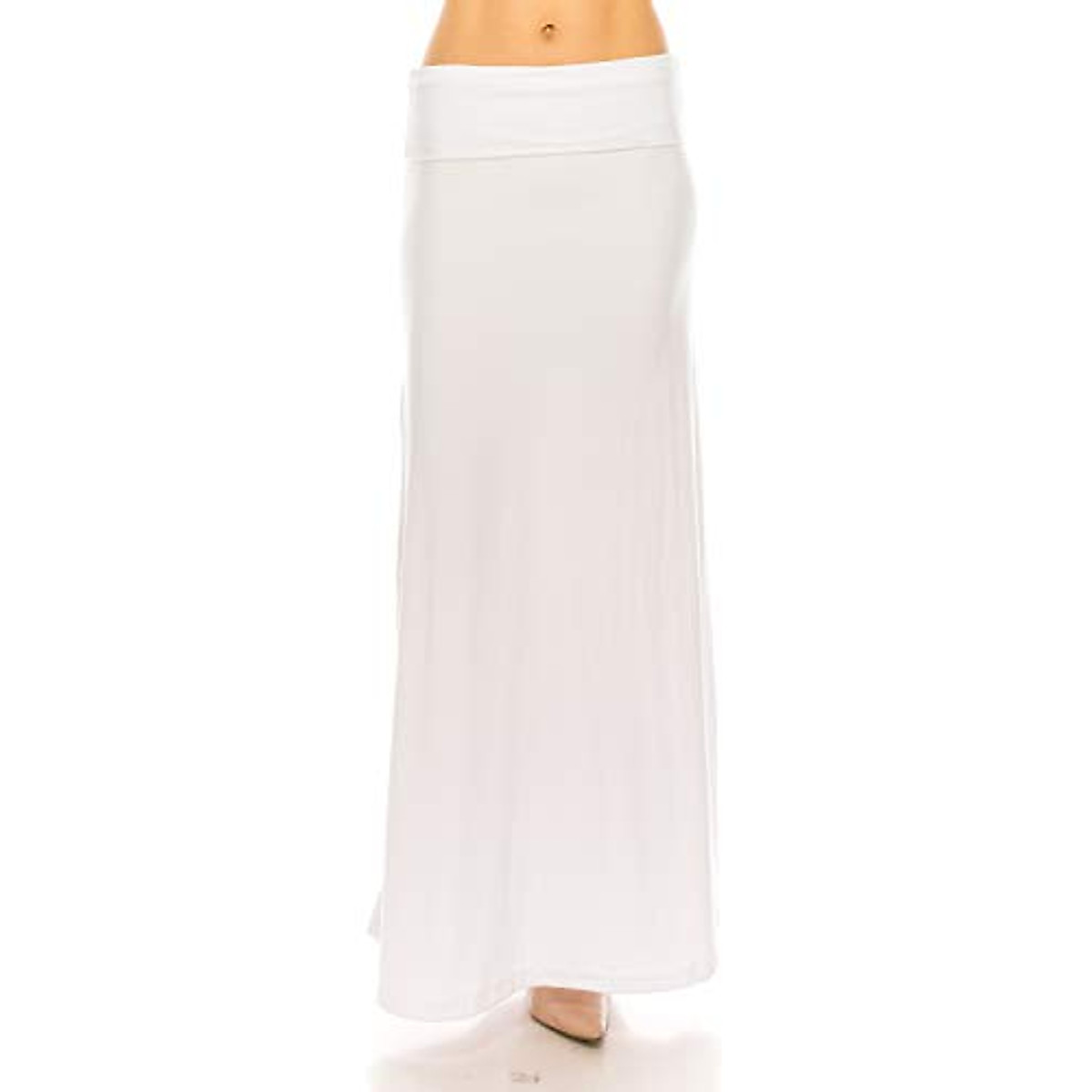 RENESEILLE Women's Long Maxi Skirt – Casual High Waist Fold Over Elastic Waistband Soft Flare Foldable Stretch Lounge Boho SKT810 White OS