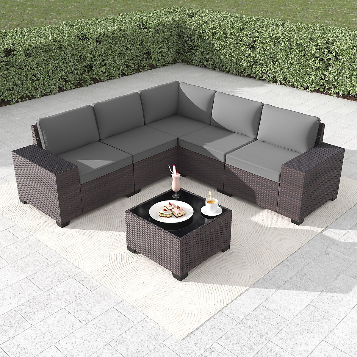 Gotland 6-Piece Patio Furniture Set, All-Weather PE Rattan Outdoor Sectional with Replaceable Grey Waterproof Cushions and Coffee Table