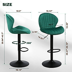 Youhauchair Modern Bar Stools Set of 2, Velvet Height Adjustable Swivel Barstools, Armless Kitchen Island Counter Chairs with Back & Footrest, Green