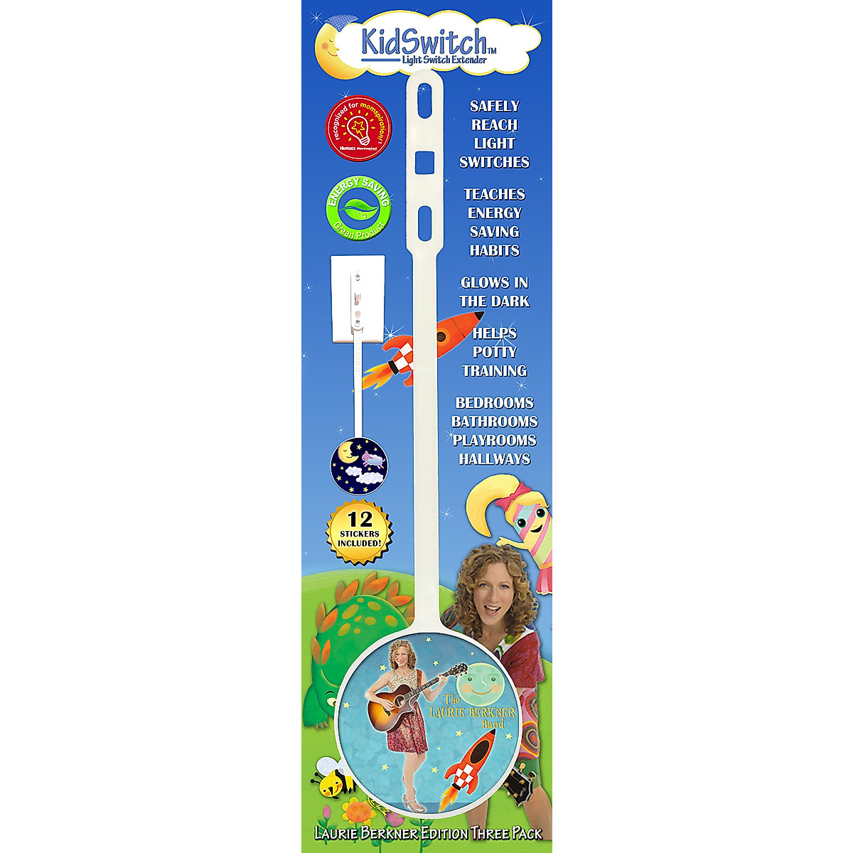 KidSwitch Lightswitch Extension for Toddlers - Laurie Berkner Edition - 3 Count - Includes 12 Themed Art Decals - Multi-Award Winning!