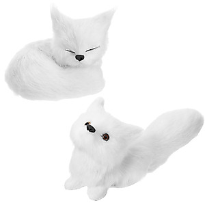 Simulation Fox Toy 2 Piece Fur Fox Model Stuffed Fox Ornament Static Action Figures Fox Squatting Sleeping Plush Mini Fox for Home Office Bag Decoration 5.5 x 2.76 Inch, 3.15 x 2.36 Inch (White)