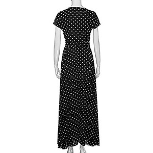 XIMIN Women's Fashion Casual Short Sleeve V-Neck Low Cut Printed Polka Dot Dress Beach Maxi Dress (Black, Size:XXXXL)