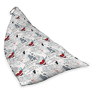 Lunarable Hearts Lounger Chair Bag, Hand Writing Tainted Background with Heart with Wings Retro Grunge Artwork, High Capacity Storage with Handle Container, Lounger Size, Grey Pale Blue Red