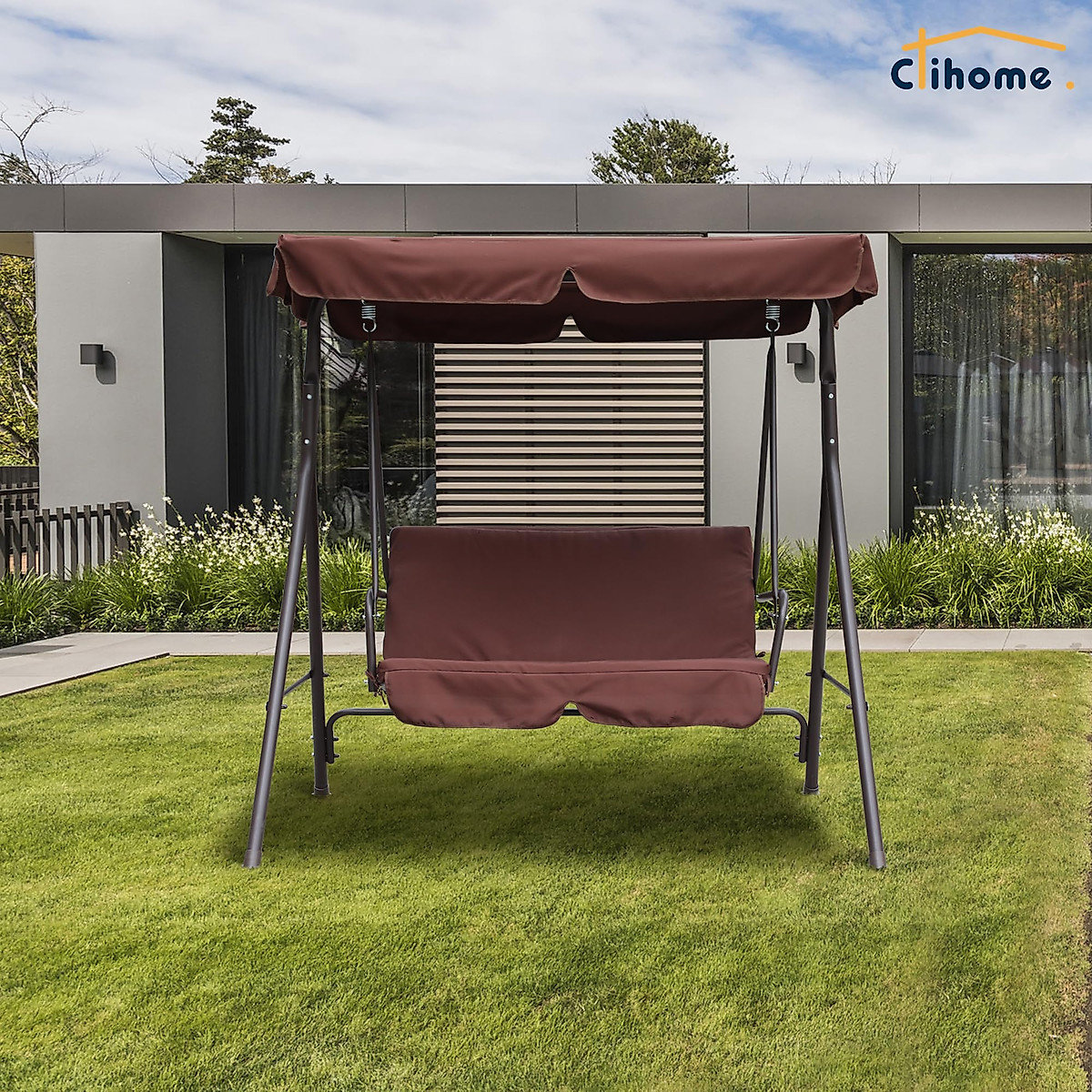 Clihome Porch Swing Chair Outdoor Patio Swing Set 2-Person Swing Chairs for Outside Outdoor Swings for Adults Adjustable Canopy Suitable for Patio, Garden, Poolside, Balcony, Backyard(Brown)