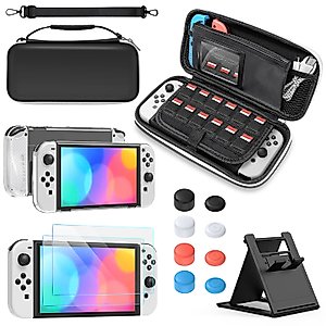 YUANHOT Accessories Bundle Compatible with Switch OLED Including Carrying Case Bag, Protective Case Cover, Tempered Glass Screen Protector, Holder Stand, 12 Game Slots and 8 Thumb Grip Caps – Black