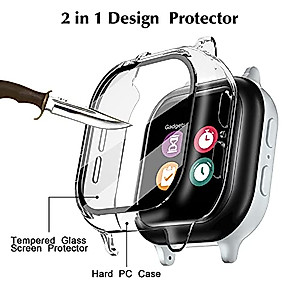 [2 Pack] Kuaguozhe Case Compatible for Gizmo Watch 2 Screen Protector for Kids（2 Pack）, Hard PC Overall Protective Case and Tempered Glass Screen Protector for Verizon Gizmo Watch 2,Clear+Clear