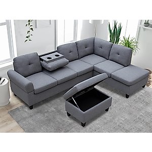 DHHU Sectional Sofa, L-Shaped Couch with 2 Cup Holder, Modular Sofá with Extra Wide Chaise Lounge, Living Room Furniture Sets with Storage Ottoman for Home Office, Apartment