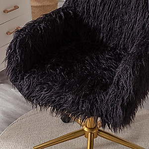 Goujxcy Fluffy Desk Chair, Faux Fur Swivel Home Office Chair Height Adjustable Vanity Accent Chair for Girls Women, Modern Cute Furry Makeup Chairs for Bedroom Living Room, Black