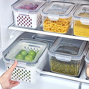 Fruit Storage Containers For Fridge Organizer Vegetable Fresh Food Keeper Produce Saver Refrigerator Reusable 4 Pack Box Multi-Size Large Capacity with Lid & Colander for Home Kicthen Travel Set