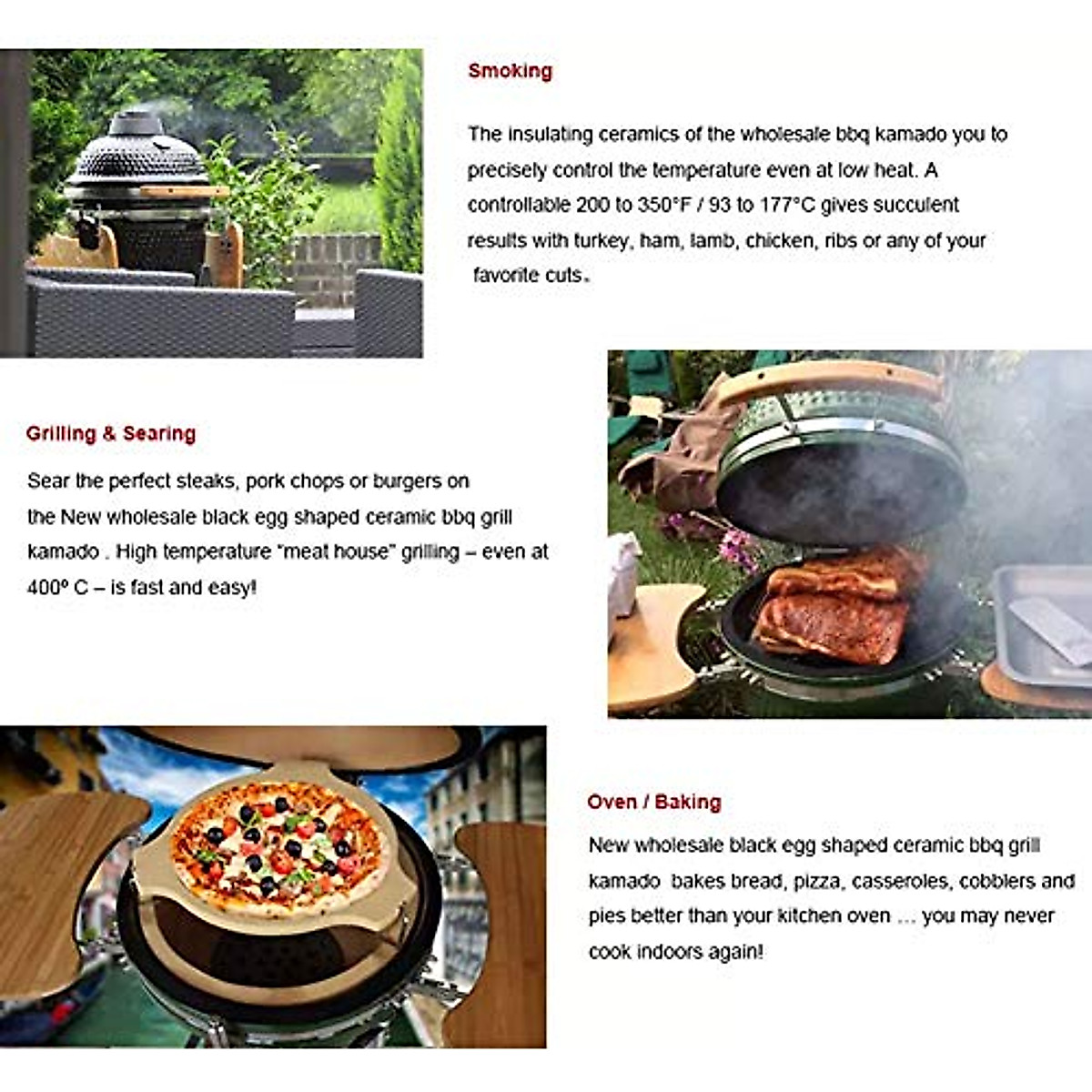 RJMOLU 21" Big BBQ Grill, Smoker, Roaster and Grill with 2 Foldable Wooden Side Shelves, Multifunctional Ceramic Barbecue Grill for Picnic Garden Terrace Camping Travel