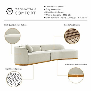 Manhattan Comfort Daria Contemporary 2-Piece Sectional Couch in Linen Upholstery, 132-Inch Living Room Sofa with Pine Wood Frame, Metal Base, High-Density Foam Padding & 2 Accent Pillows, Ivory