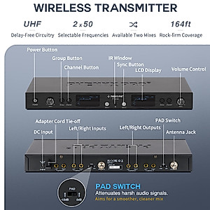 Phenyx Pro UHF Mono Dual Wireless in-Ear Monitor System, Metal Wireless IEM System, Sturdy Bodypack Receiver, 2x50 Frequencies, Separate Outputs,164ft Operation, Suitable for Band and Studio (PTM-22)
