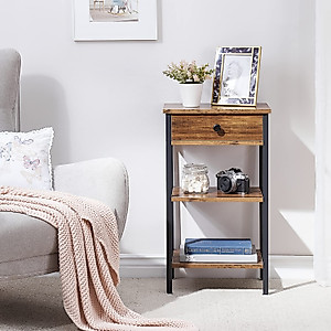 VECELO Tall End Side Table,Nightstand with Adjustable Shelf and Bin Drawer for Living Room/Bedroom/Entryway Small Spaces