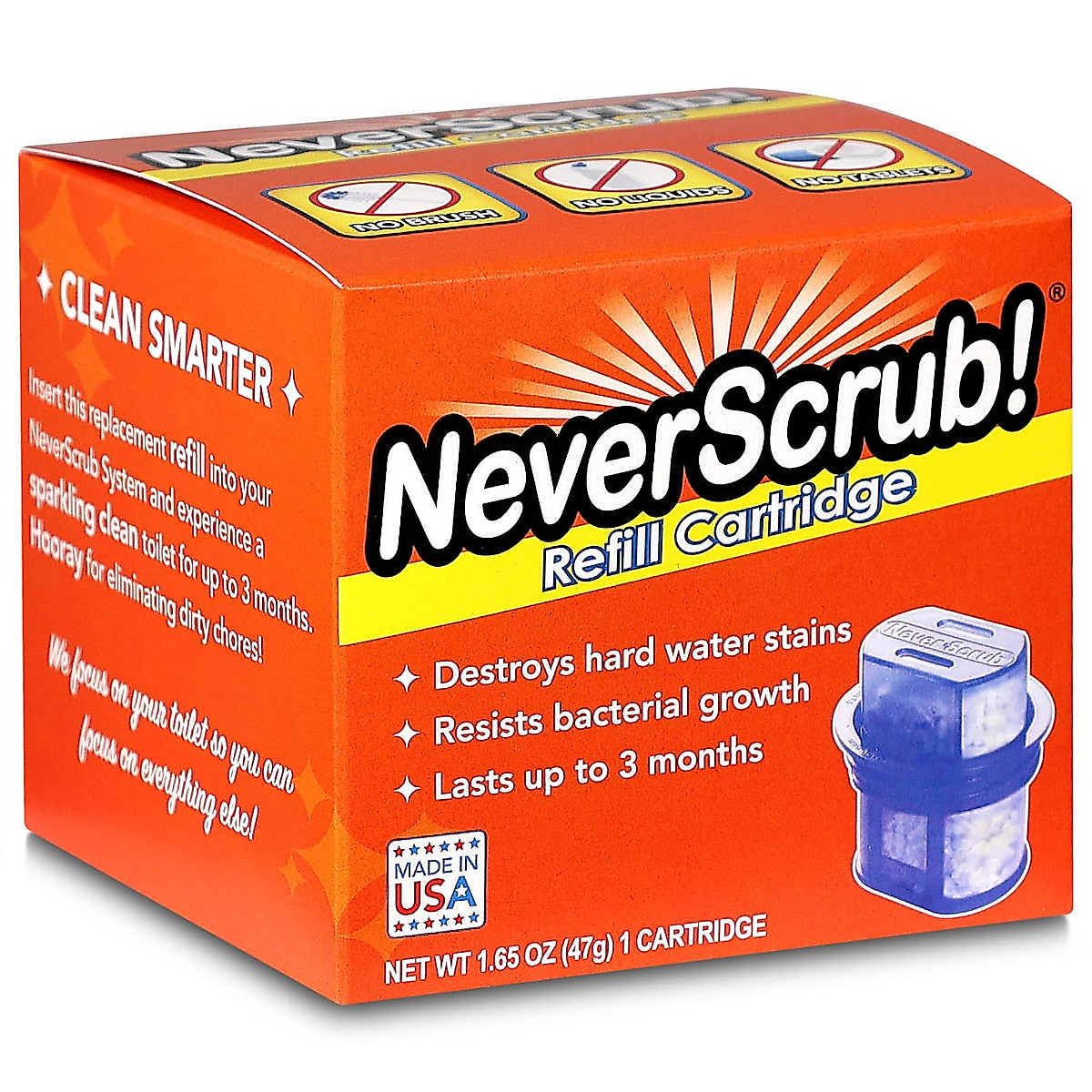 NeverScrub! Refill Cartridge Self Cleaning Toilet System - Replacement Cartridge for Automatic Toilet Bowl Cleaner - 1.65 oz, Lasts Up To 3-5 Months Continuous Toilet Bowl Cleaning
