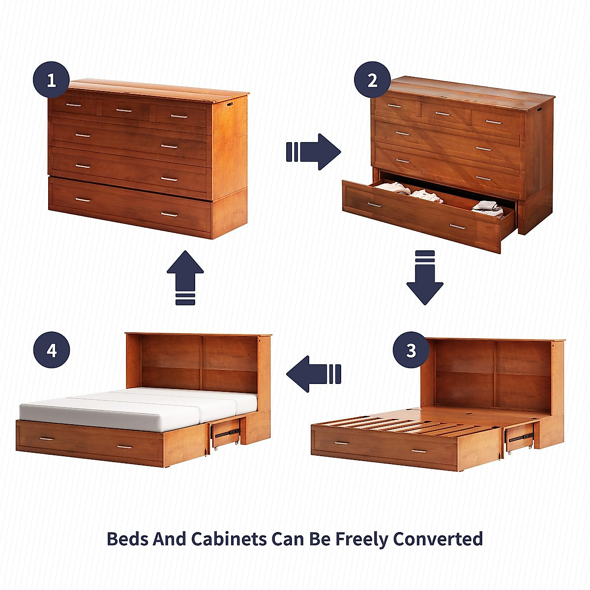 ijuicy Cabinet Murphy Beds with Built-in Charging Station, Solid Wood Cabinet Chest Bed with Folding Mattress, Murphy Cube Chest Bed with Large Drawer for Guest Room, Office-Queen, Cherry