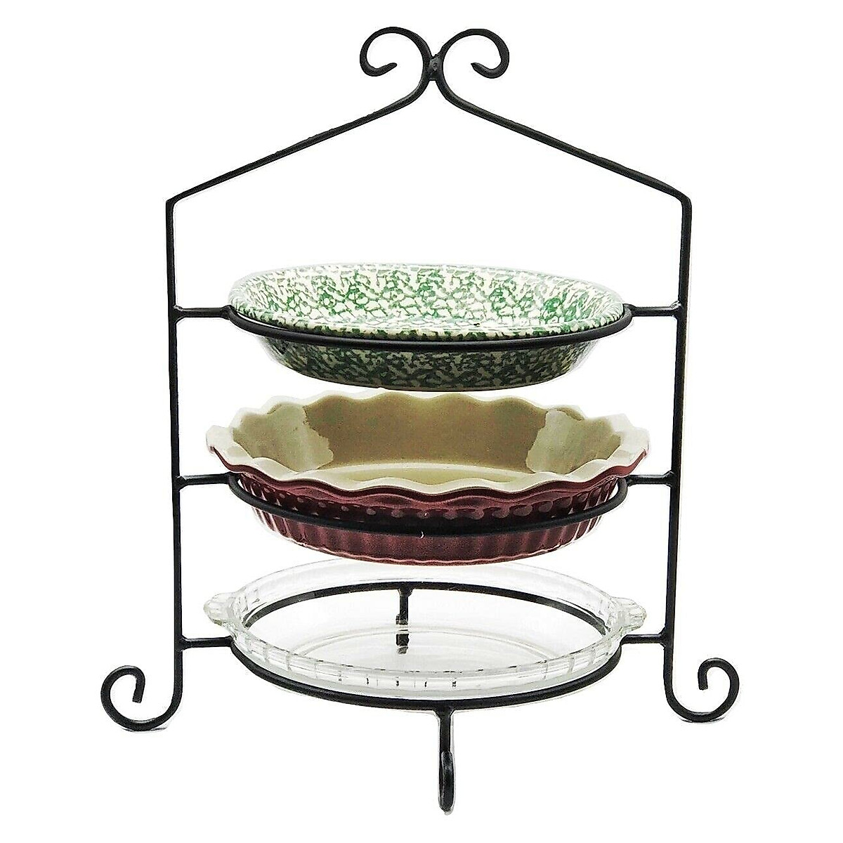 Saving Shepherd 3 Tier Pie Plate Stand - Solid Satin Black Wrought Iron Triple Rack Display Amish Handmade in USA
