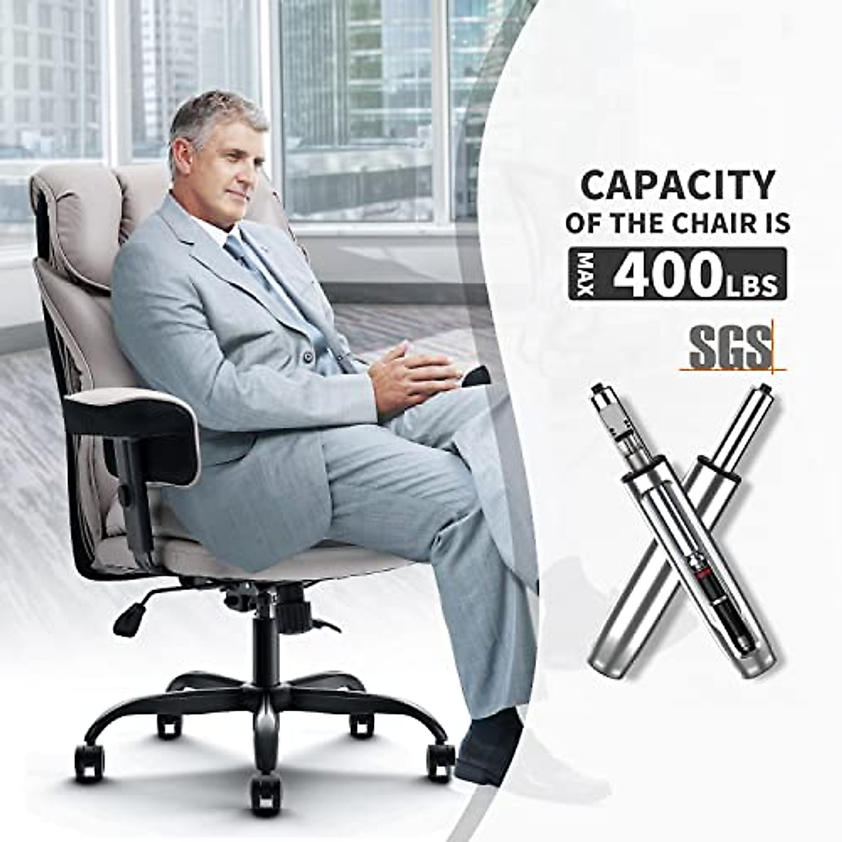 YAMASORO Big and Tall Office Chair 400lbs, Leathaire Cushy Seat and Adjustable Armrests Heavy Duty Executive Desk Chair with Wheels, Beige