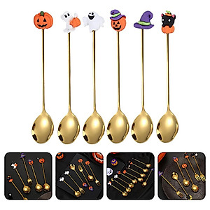 Spoons 6pcs Halloween Spoons Pumpkin Witch Hat Ghost Spoons Dessert Spoon Coffee Spoon Ice Cream Spoon Tea Spoon Mixing Spoons for Halloween Home Party Golden Serving Utensils