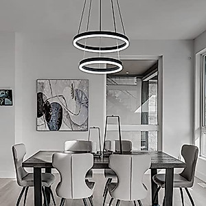 Viruhaka Dimmable LED Pendant Light Dining Room 50W LED Modern Chandelier Black Living Room 2 Ring Pendant Lighting Entryway with 59in Cord Adjustable,6000K Daylight