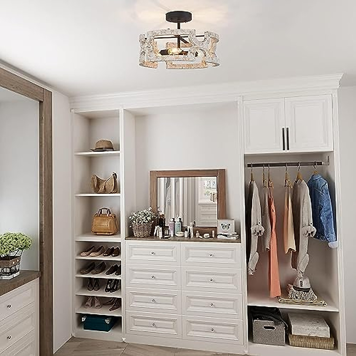 Farmhouse Wood Semi Flush Mount Ceiling Light, Distressed White Vintage Drum Close to Ceiling Light Fixture for Bedroom, Hallway, Kitchen, Dining & Living Room, Foyer and Bathroom