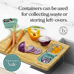 Brimley Bamboo Wood Cutting Board - Wooden Cutting Board with Containers and Lids for Food Storage - Over Edge Hanging Cutting Boards for Kitchen with Anti-slip Feet - Home and Kitchen Gadgets