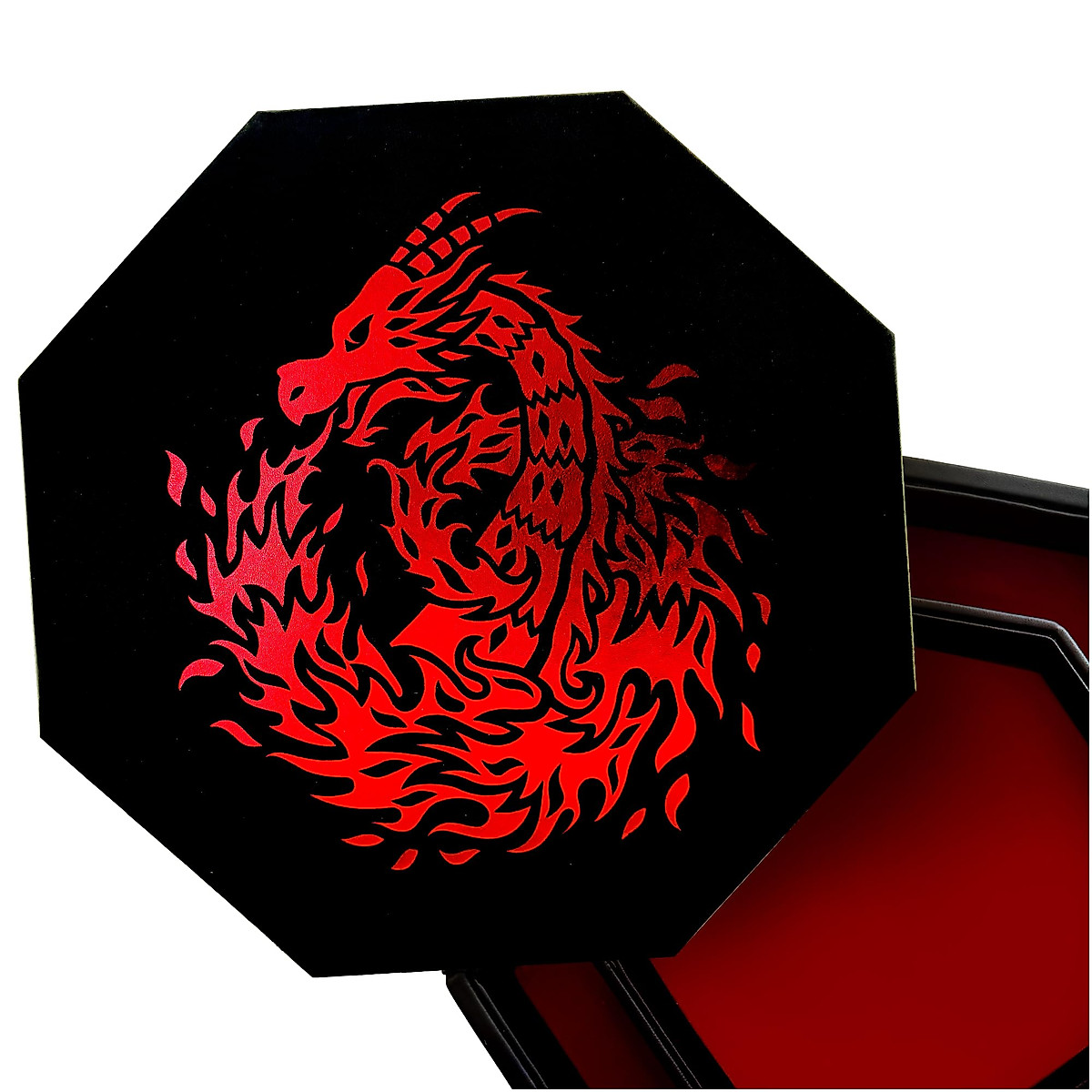 Fantasydice Red Fire Dragon Dice Tray with Lid – 9" Octagon with Dice Staging Area, Holds 5 Dice Sets – Perfect for D&D, Call of Cthulhu, Shadowrun, and All Tabletop RPGs