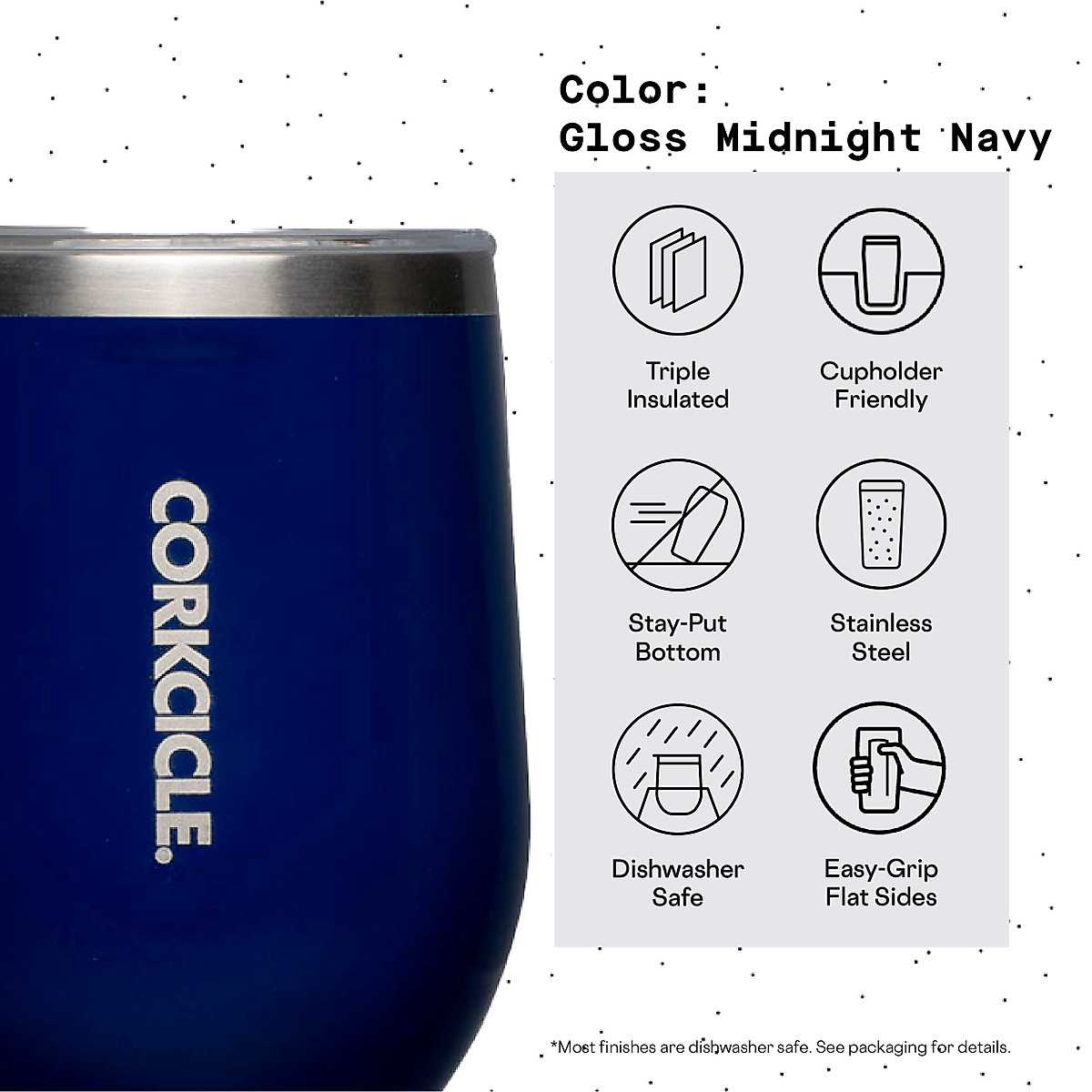 Corkcicle Stemless Insulated Wine Glass Tumbler, Gloss Midnight Blue, 12 oz – Stainless Steel Stemless Wine Glass Keeps Beverages Cold for 6 Hours, Hot for 3 Hours – Non-Slip, Easy-Grip Insulated Cup