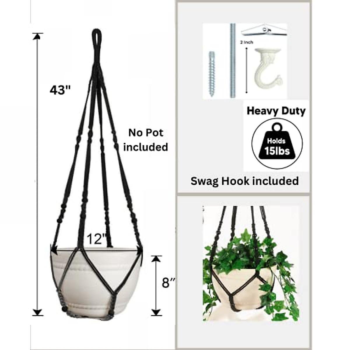 Shineloha 43 Inches Macrame Plant Hanger Large for up to 12 inch Pot | Extra Long + Hook | No Tassel, Cotton Rope Hanging Plant Holder with Swag Hook, NO Plant/Pot Included (Black)