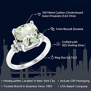 Gem Stone King 925 Sterling Silver Green Prasiolite Ring For Women (3.62 Cttw, Cushion Checkerboard Cut 10MM, Available in size 5, 6, 7, 8, 9)