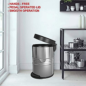 nu steel 5 Liter Round Small Metal Step Trash Can Wastebasket, Garbage Container Bin - for Bathroom, Powder Room, Bedroom, Kitchen, Office - Removable Liner Bucket - 8" x 8" x 12" – Shiny Steel