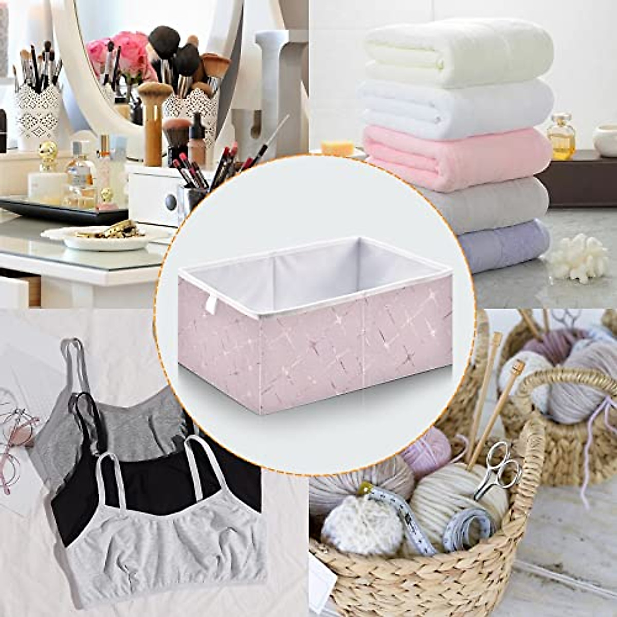 QUGRL Gold Rose Geometric Cube Storage Bins Organizer Stackable Pink Sparkles Glitter Clothes Storage Basket Box for Shelves Closet Cabinet Office Dorm Bedroom 11x11 in
