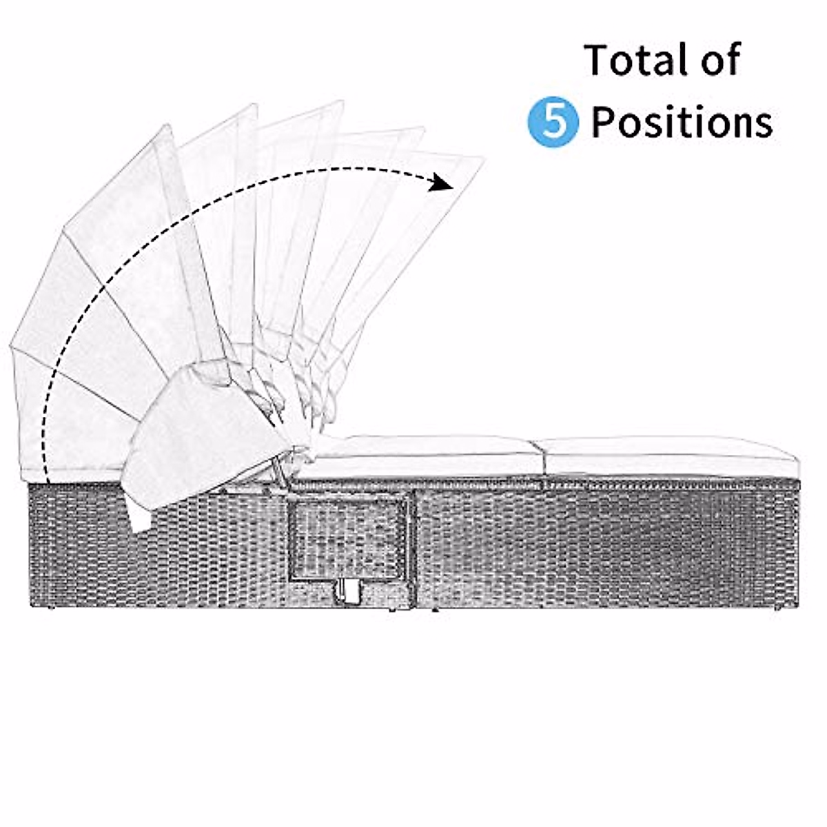 Merax Blue Outdoor Wicker Lounge Chaise with Cushions,Canopy and Cup Table Singe Pool Loungers Chairs Black, 1 Set