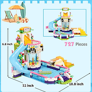 Friends Swimming Pool Building Set for Girls 6-12 Beach Pool Party Building Blocks Toys Water Park Building Includes Juice Bar and Car, Storage Box, Christmas Birthday Roleplay Gift for Kids Girls 7-9