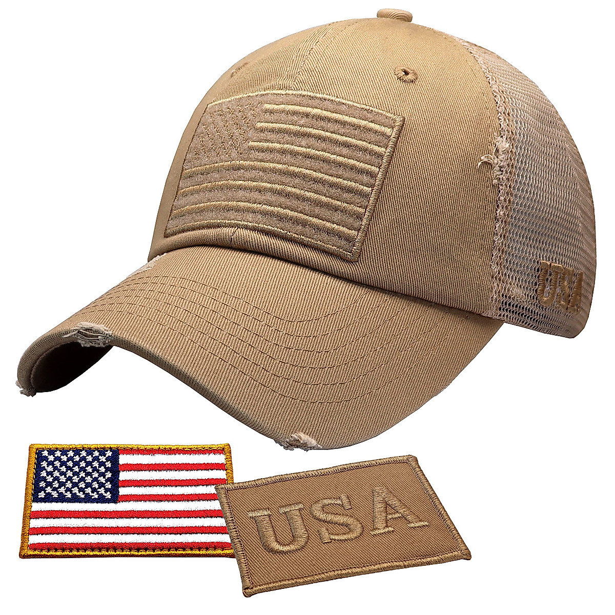 Antourage American Flag Unconstructed Hat for Men and Women Twill Mesh Snapback Baseball USA Flag Cap + 2 Patriotic Patches ((10) Khaki Distressed Mesh Snapback)