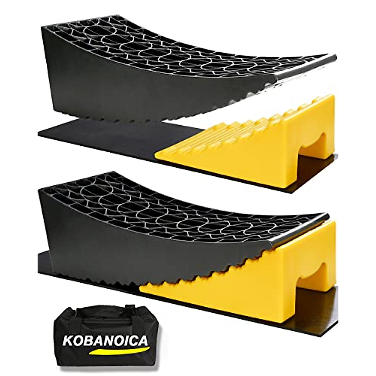 KOBANOICA RV Leveling Blocks,Camper Leveler 2 Pack,Includes Curved RV Levelers Ramp with Camper Wheel Chocks,RV Leveling System for Travel Trailer,Motorhome,Fifth Wheels