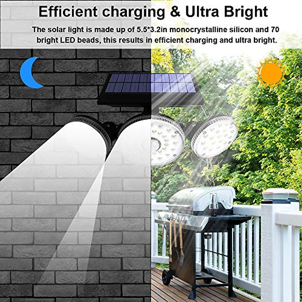2 Pack Solar Lights Outdoor,3 Modes with Motion Sensor Lights, 70 LED 3 Adjustable Heads Flood Lights, 270° Rotatable Wireless Spotlights, IP65 Waterproof for Garage Pathway Porch Garden Patio Yard