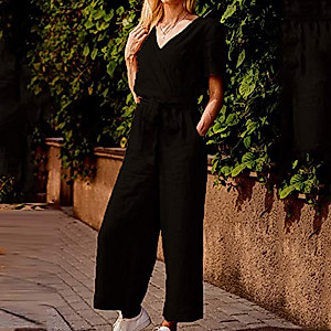 Bravetoshop Womens V Neck Wrap Short Sleeve Jumpsuits Casual Solid Color Belted Wide Leg Jumpsuit Romper with Pockets (Black,M)