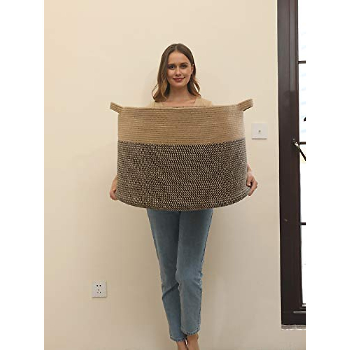 24" x 24" x 17" Max Size Large Cotton Rope Basket, Extra Large Storage Basket, Woven Laundry Hamper, Toy Storage Bin, for Blankets Clothes Toys Pillows in Living Room, Baby Nursery, Jute/Black Mix