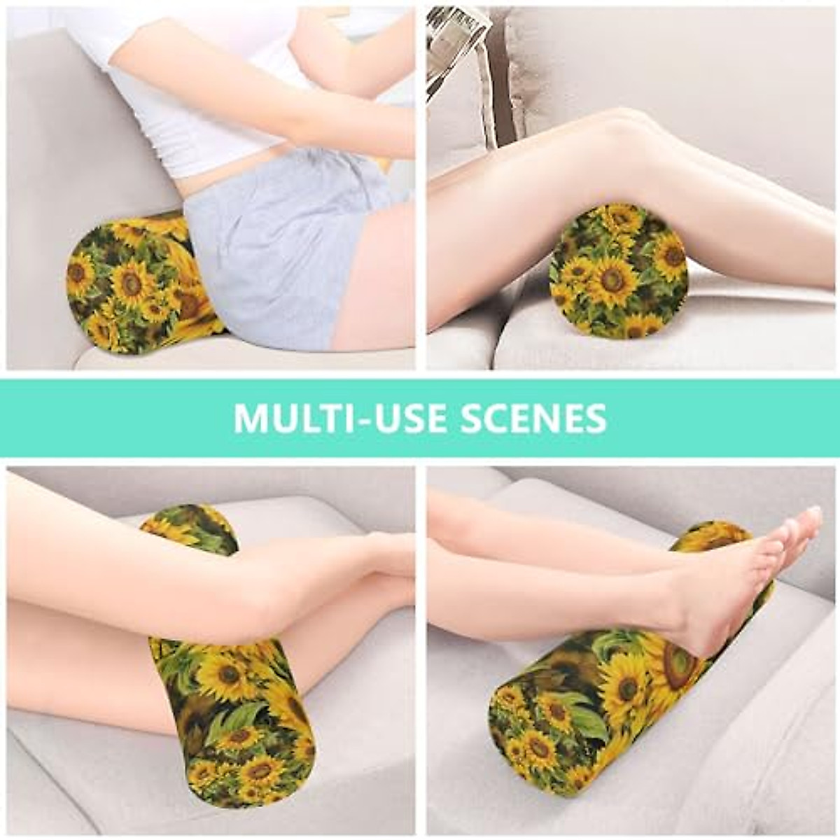 xigua Beautiful Sunflowers Neck Roll Pillow for Neck Relief with Removable Washable Cover - Memory Foam Round Cylinder Bolster, Ergonomically Designed for Head, Neck, Back, and Legs