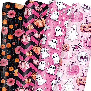 Vnaaem Pink Halloween Wrapping Paper with Ghost Pumpkin Skeleton Patterns Folded Flat Art Paper for DIY Crafts Trick or Treat Birthday Party - 20 X 28Inches Per Sheet(8 Pack)