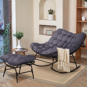 PORWEY Patio Rocking Papasan Chair, Outdoor & Indoor Egg Reading Recliner Chair, Oversized Royal Comfy Lounge Rocker with Large Cushion and Ottoman for Bedroom, Living Room, Porch, Gray
